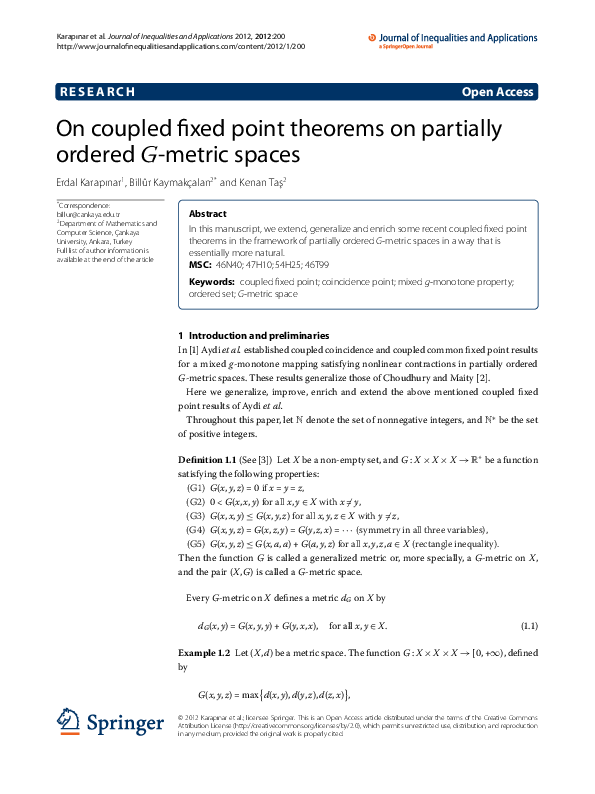 Pdf On Coupled Fixed Point Theorems On Partially Ordered G Metric Spaces Kenan TaŞ
