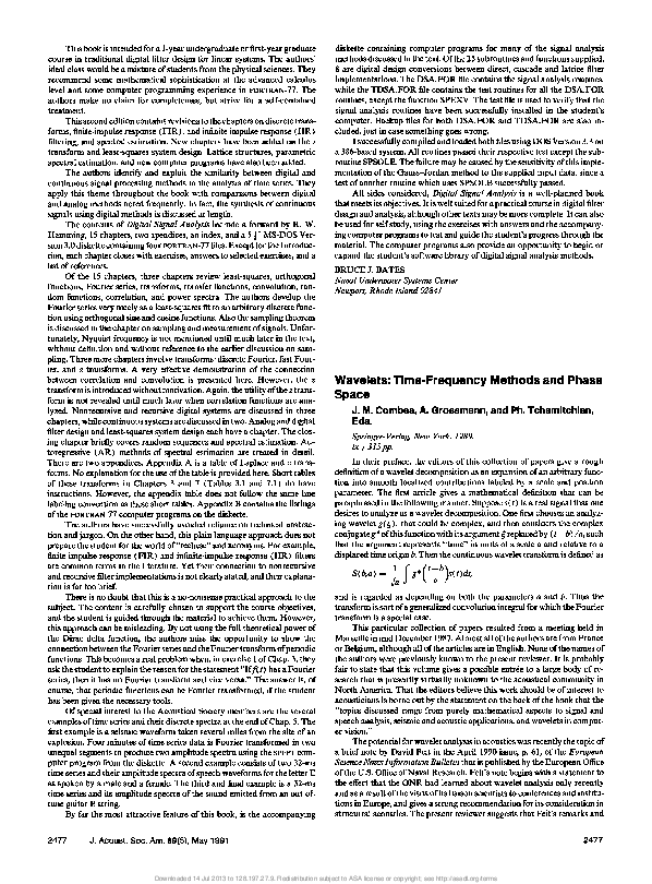 (PDF) Wavelets: Time-Frequency Methods and Phase Space
