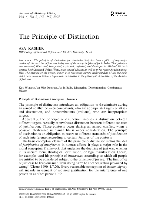 (PDF) Asa Kasher, “The Principle of Distinction,” Journal of Military ...