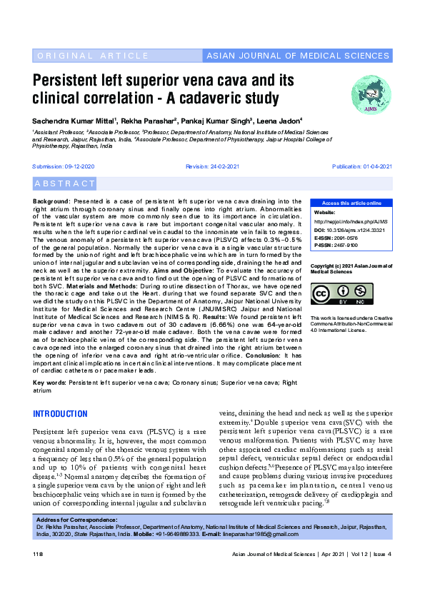 (PDF) Persistent left superior vena cava and its clinical correlation ...
