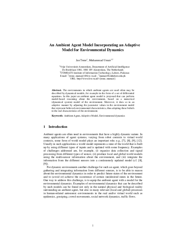 (PDF) An Ambient Agent Model Incorporating an Adaptive Model for Environmental Dynamics | M ...