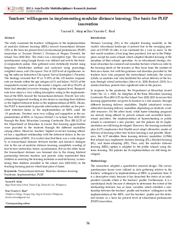 (PDF) Teachers' willingness in implementing modular distance learning ...