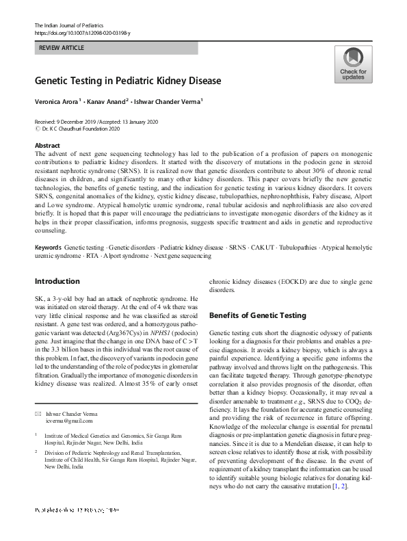 (PDF) Genetic Testing in Pediatric Kidney Disease