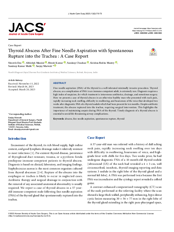 (PDF) Thyroid Abscess After Fine Needle Aspiration with Spontaneous ...