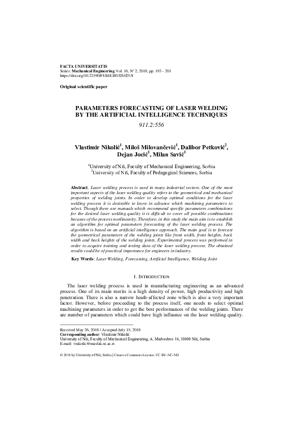 (PDF) Parameters Forecasting of Laser Welding by the Artificial Intelligence Techniques