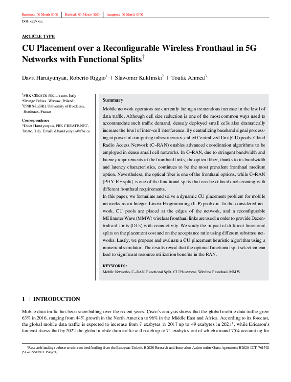 (PDF) CU placement over a reconfigurable wireless fronthaul in 5G ...