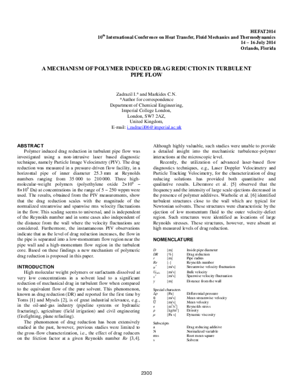 (PDF) A mechanism of polymer induced drag reduction in turbulent pipe flow