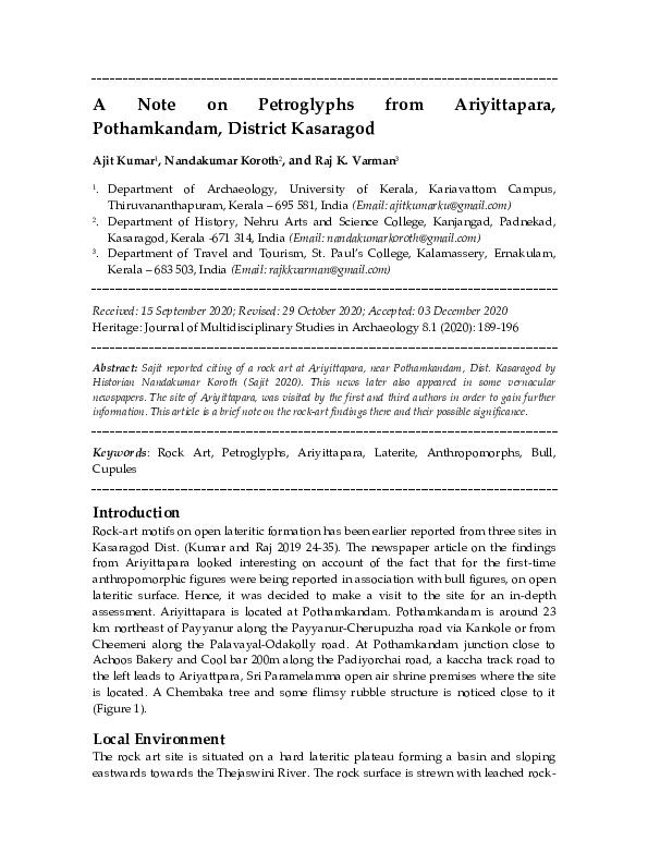 (PDF) Note on Petroglyphs from Ariyittapara, Pothamkandam, District ...