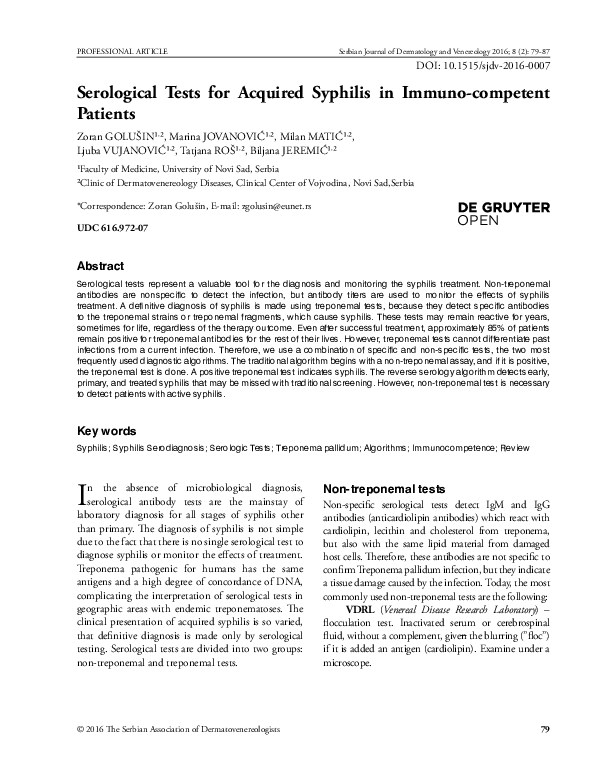 (PDF) Serological Tests for Acquired Syphilis in Immuno-competent Patients