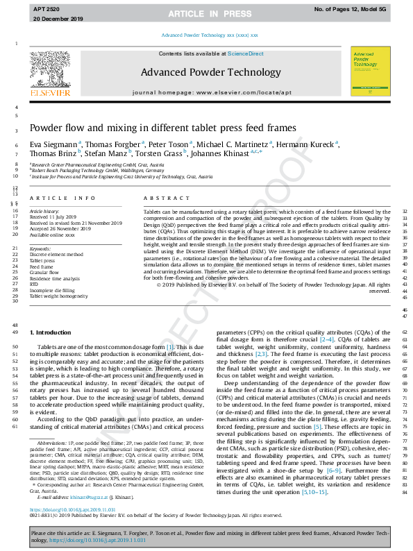 (PDF) Powder flow and mixing in different tablet press feed frames