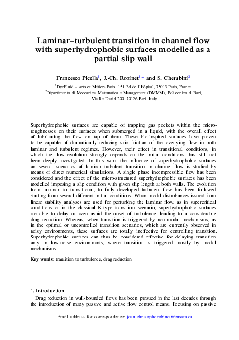 (PDF) Laminar–turbulent transition in channel flow with superhydrophobic surfaces modelled as a ...