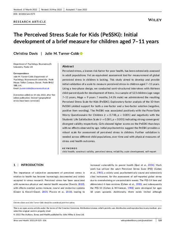 (PDF) The Perceived Stress Scale for Kids (PeSSKi): Initial development of a brief measure for ...