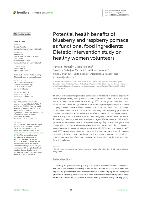 (PDF) Potential health benefits of blueberry and raspberry pomace as ...