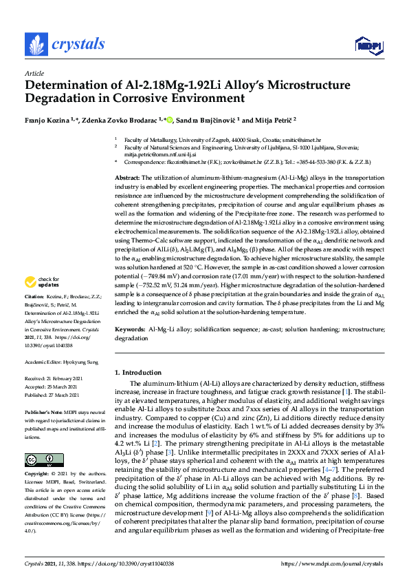 (PDF) Determination of Al-2.18Mg-1.92Li Alloy’s Microstructure Degradation in Corrosive Environment