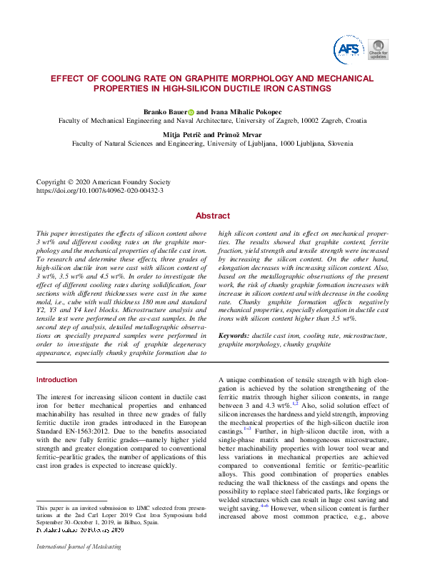 (PDF) Effect of Cooling Rate on Graphite Morphology and Mechanical Properties in High-Silicon ...