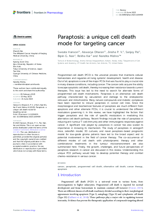 (PDF) Paraptosis: a unique cell death mode for targeting cancer