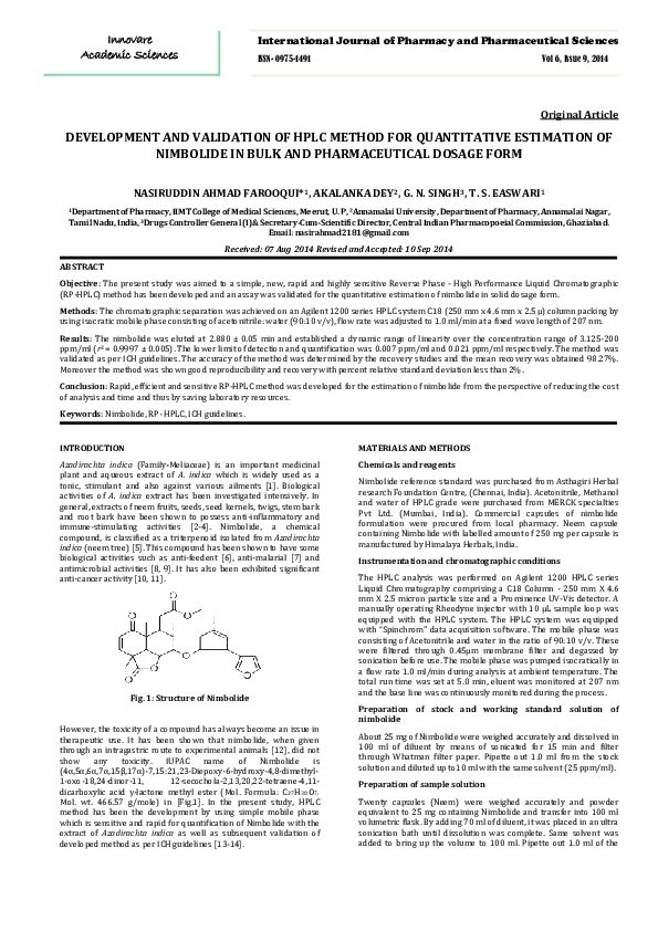 Pdf Development And Validation Of Hplc Method For Quantitative Estimation Of Nimbolide In Bulk