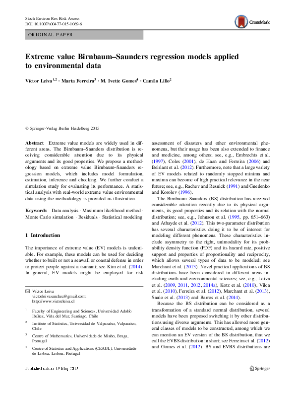 (PDF) Extreme value Birnbaum–Saunders regression models applied to environmental data