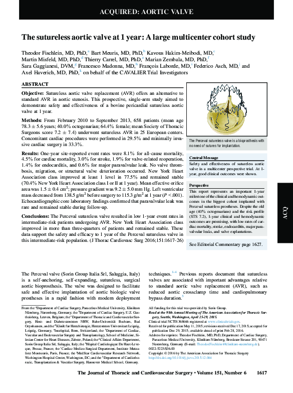 (PDF) The sutureless aortic valve at 1 year: A large multicenter cohort ...