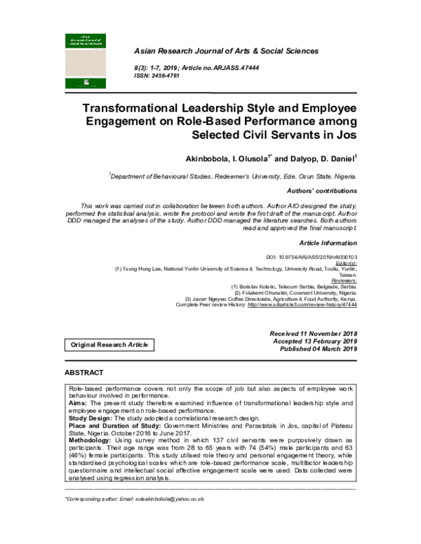 (PDF) Transformational Leadership Style and Employee Engagement on Role-Based Performance among ...