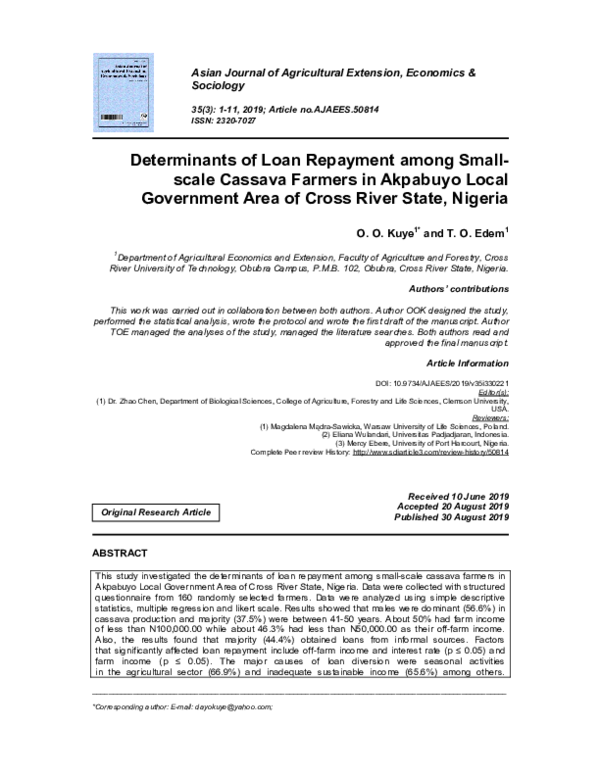 (PDF) Determinants of Loan Repayment among Small-scale Cassava Farmers in Akpabuyo Local ...