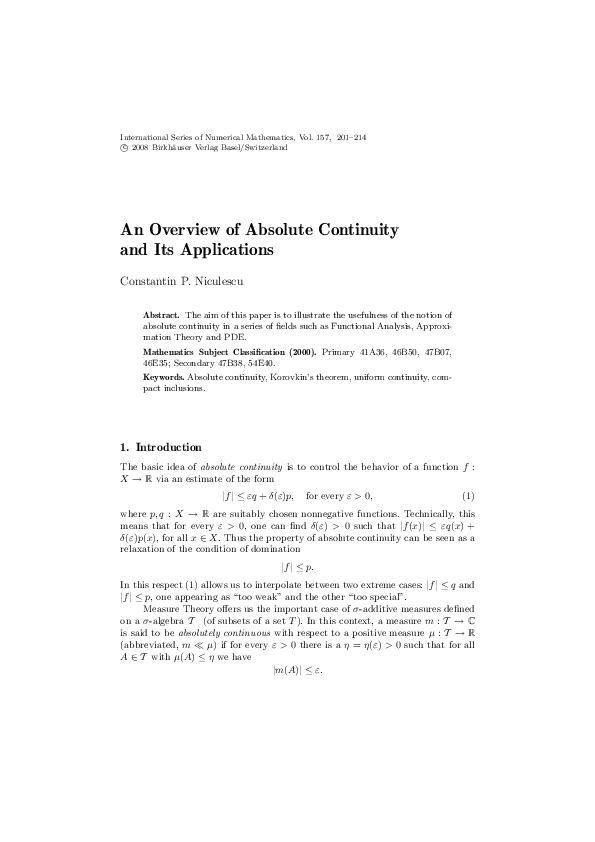 Pdf An Overview Of Absolute Continuity And Its Applications