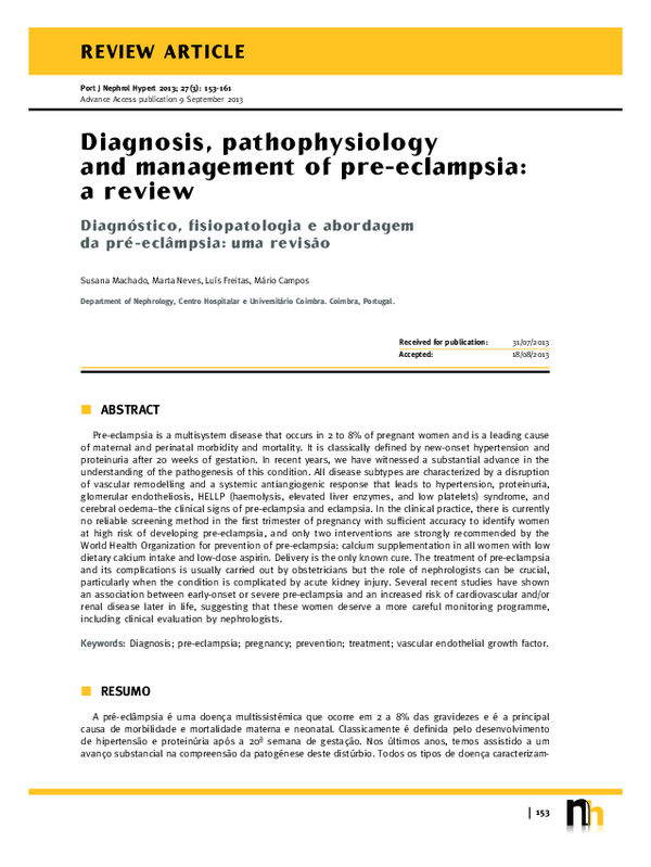 (PDF) Diagnosis, pathophysiology and management of pre-eclampsia: a review