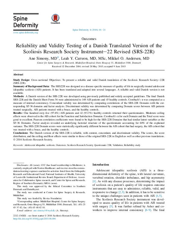 (PDF) Reliability and Validity Testing of a Danish Translated Version ...