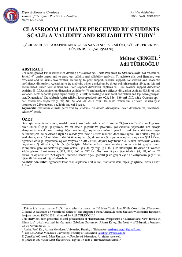(PDF) Classroom Climate Perceived By Students Scale: A Validity and Reliability Study ...