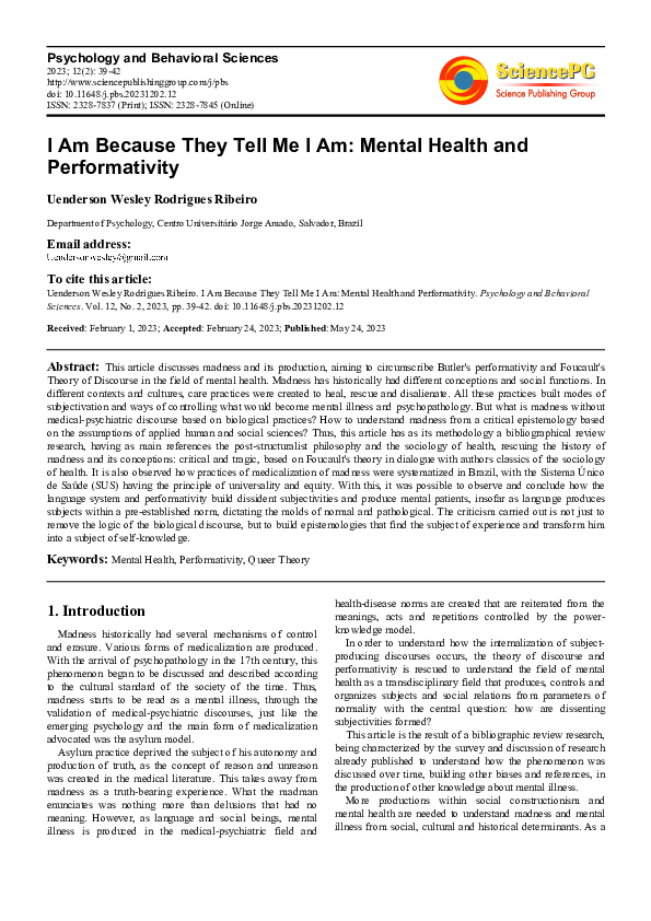 (PDF) Madness and Performativity: A Critical Study on Mental Health