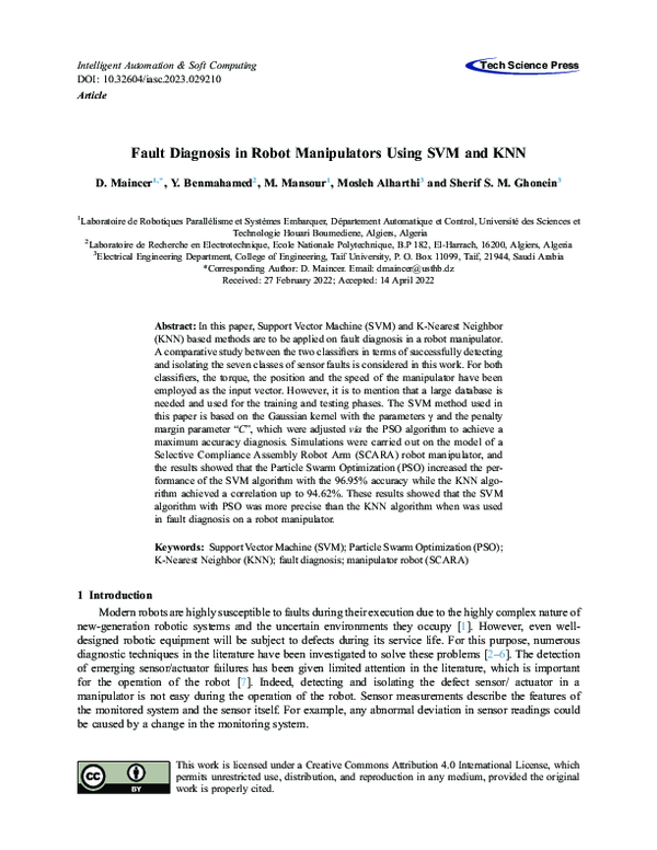 Pdf Fault Diagnosis In Robot Manipulators Using Svm And Knn