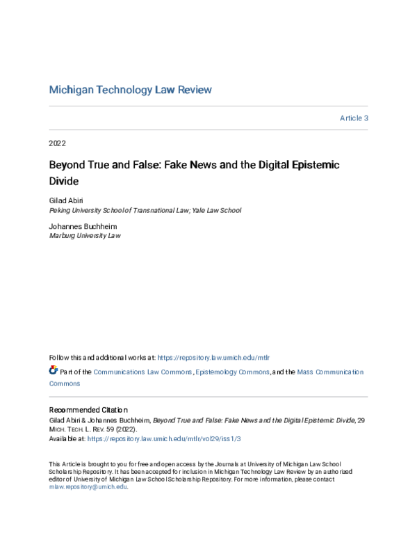 (PDF) Beyond True and False: Fake News and the Digital Epistemic Divide