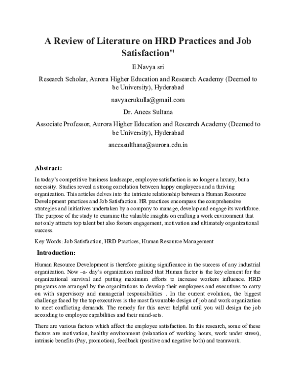 (DOC) A Review of Literature on HRD Practices and Job Satisfaction"