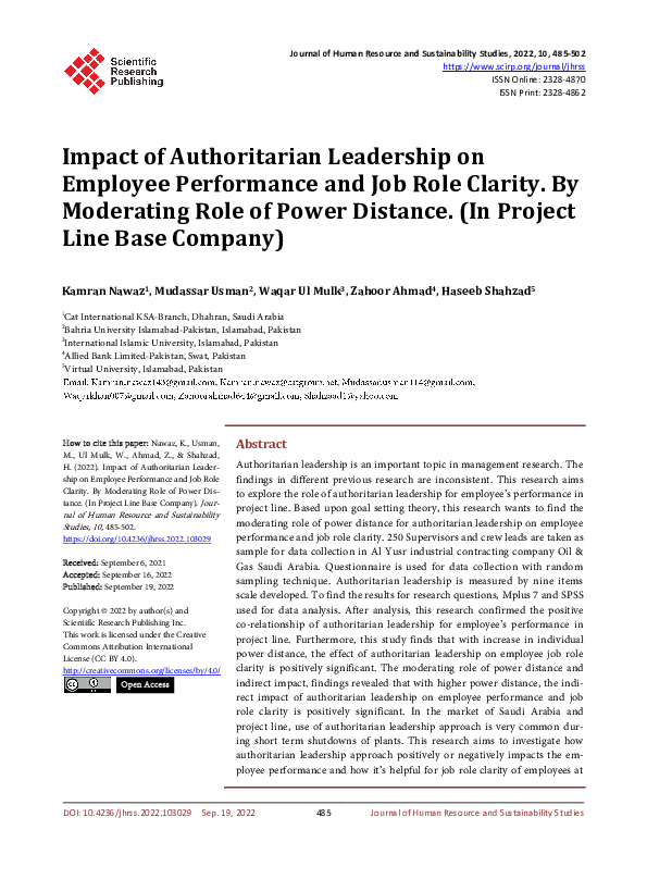 (PDF) Impact of Authoritarian Leadership on Employee Performance and ...
