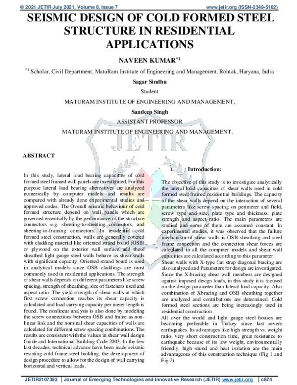 (PDF) Seismic Design of Cold Formed Steel Structure in Residential Applications