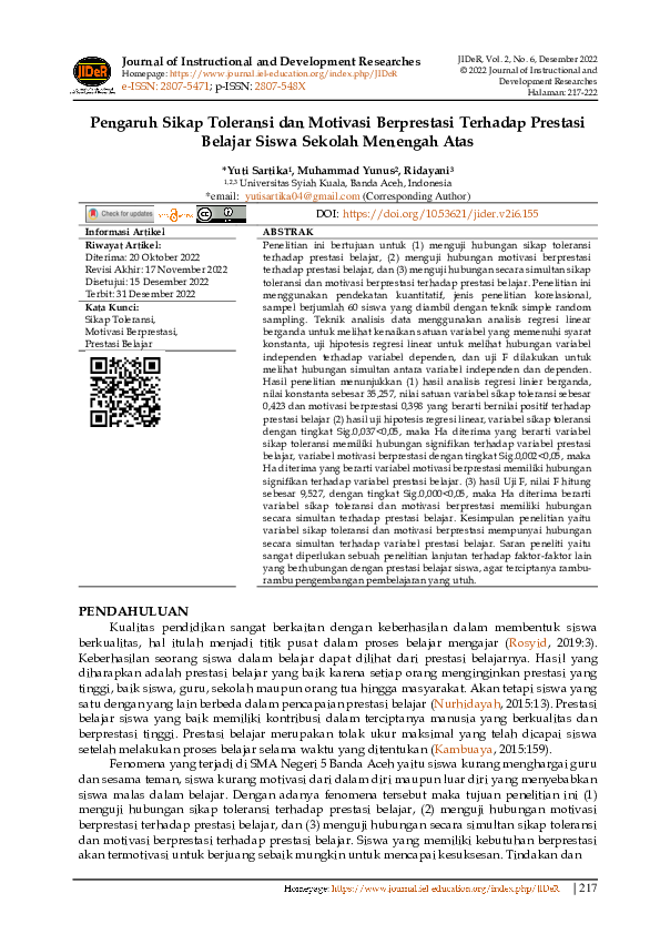 (PDF) Pengaruh Sikap Toleransi dan Motivasi Berprestasi Terhadap Prestasi Belajar Siswa Sekolah ...