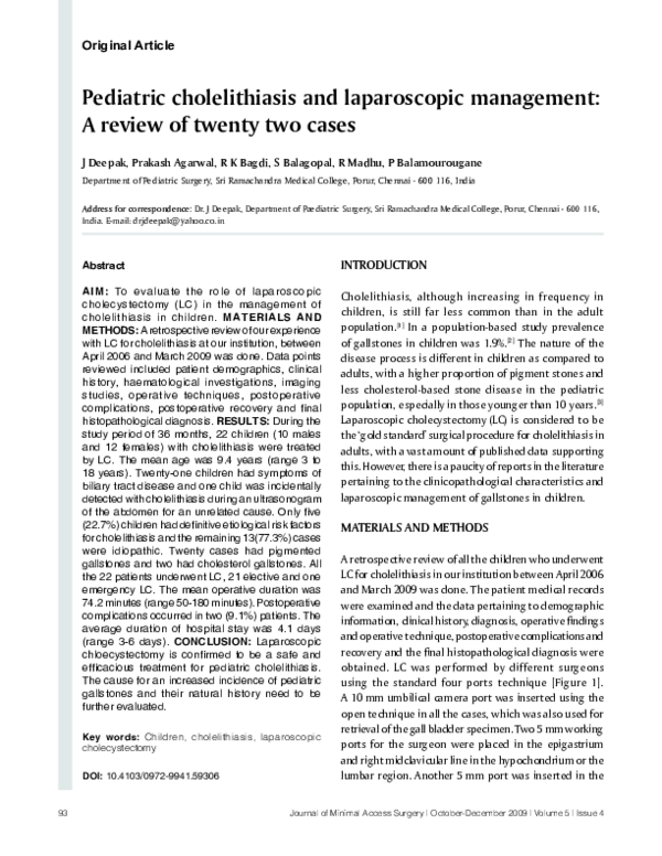 (PDF) Pediatric cholelithiasis and laparoscopic management: A review of twenty two cases