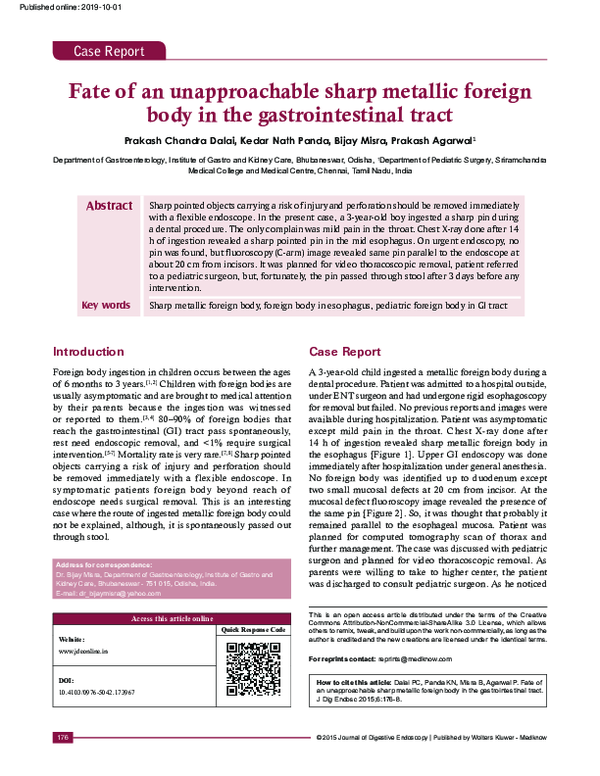 (PDF) Fate of an unapproachable sharp metallic foreign body in the ...