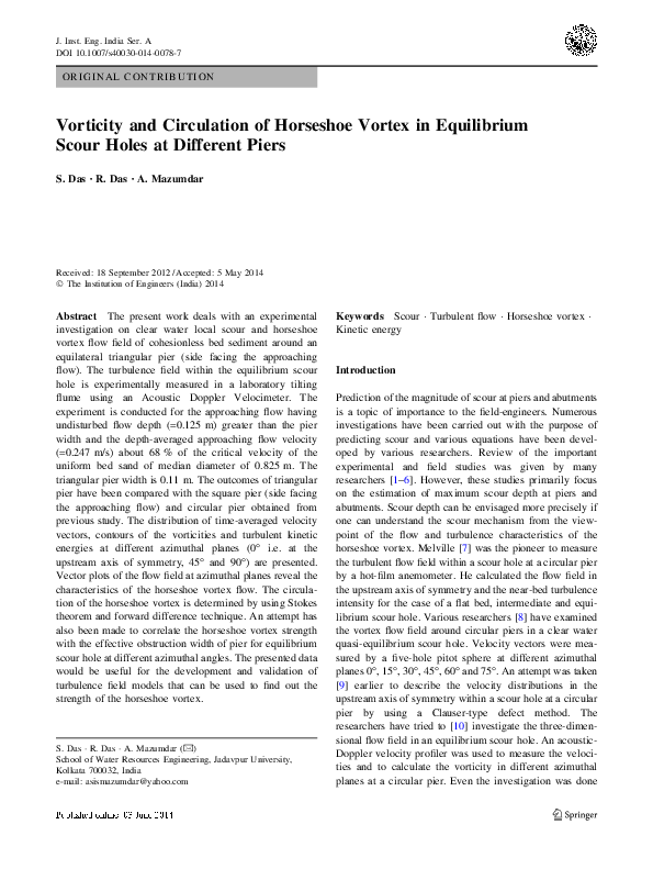 (PDF) Vorticity and Circulation of Horseshoe Vortex in Equilibrium Scour Holes at Different Piers