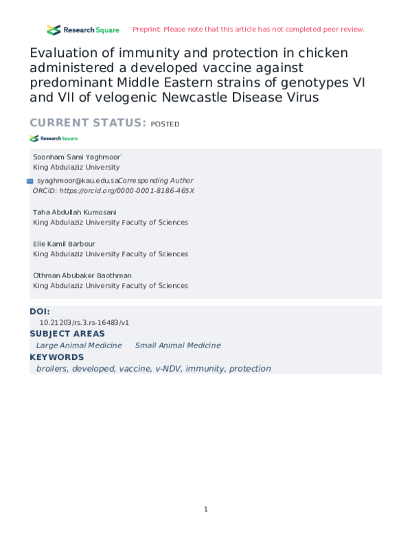 (PDF) Evaluation of immunity and protection in chicken administered a ...