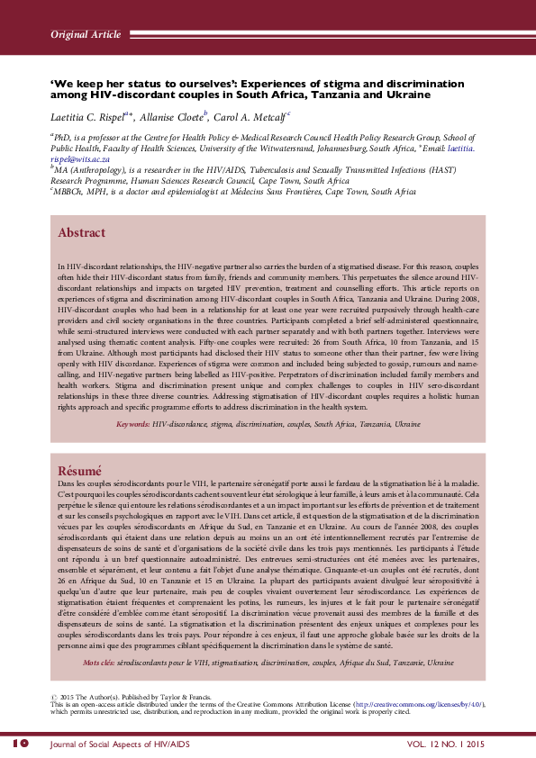 (PDF) We keep her status to ourselves': Experiences of stigma and discrimination among HIV ...