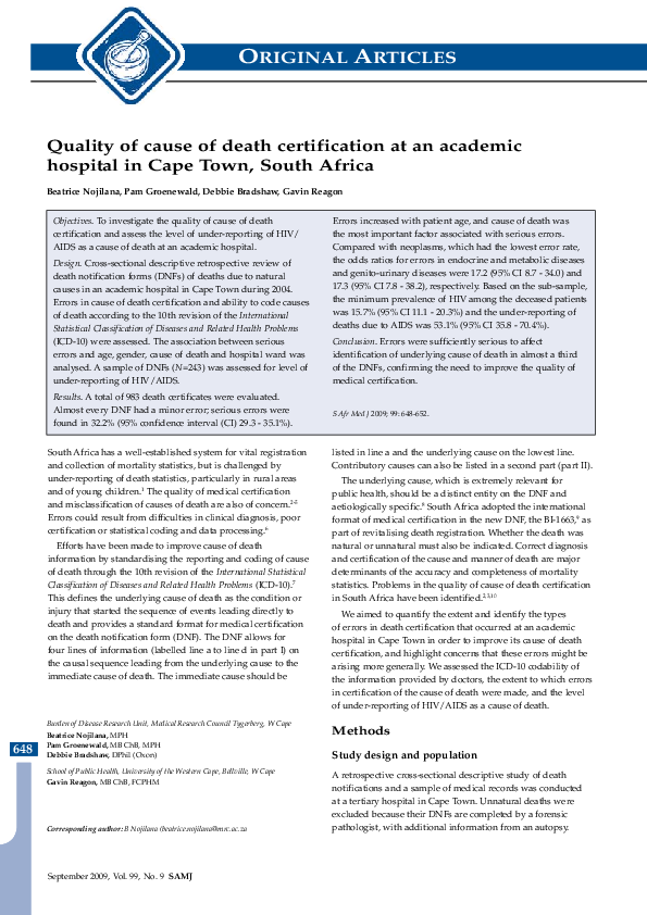 (PDF) Quality of cause of death certification at an academic hospital in Cape Town, South Africa