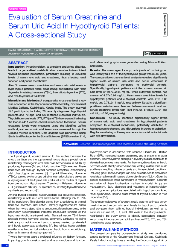 (PDF) Evaluation of Serum Creatinine and Serum Uric Acid In Hypothyroid Patients: A Cross ...