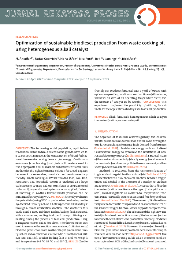 (PDF) Optimization of sustainable biodiesel production from waste ...