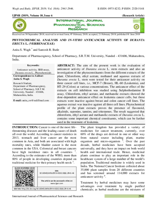 (PDF) Phytochemical Analysis and In-Vitro Anticancer Activity of Duranta ERECTA L. (VERBENACEAE)