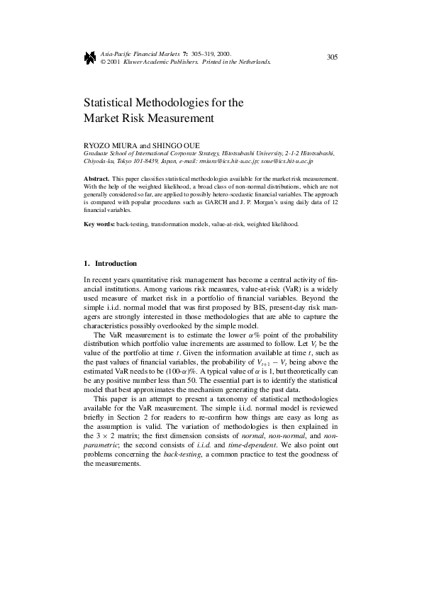 (PDF) Statistical Methodologies for the Market Risk Measurement