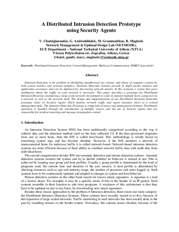 Pdf A Distributed Intrusion Detection Prototype Using Security Agents