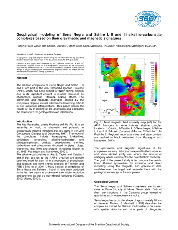 Pdf Geophysical Modeling Of Serra Negra And Salitre I Ii And Iii Alkaline Carbonatite
