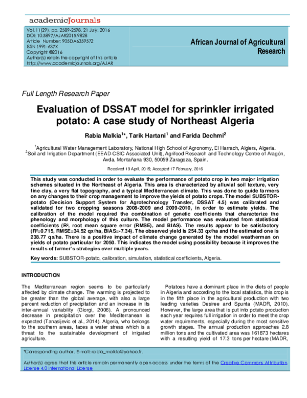 (PDF) Evaluation of DSSAT model for sprinkler irrigated potato: A case ...