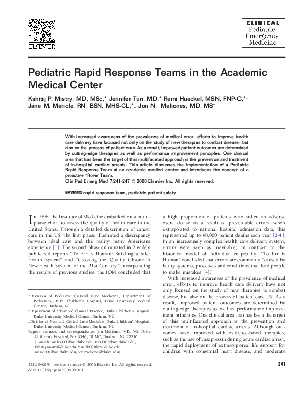 (PDF) Pediatric Rapid Response Teams in the Academic Medical Center